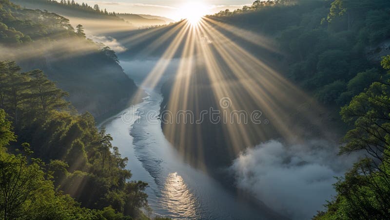 Sun Rays Piercing Thick Morning Mist Above a Forested Gorge and River ...