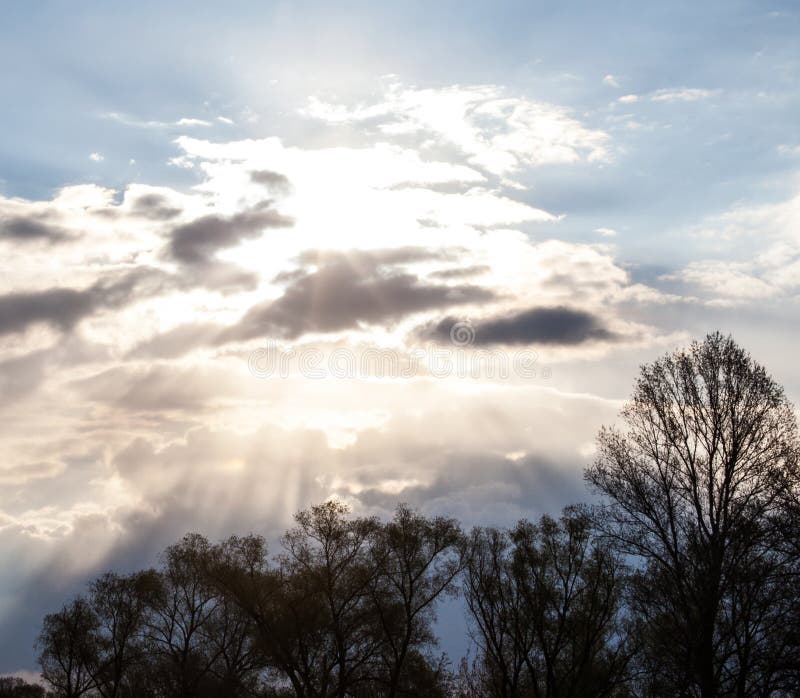 Sun Rays from Behind the Clouds Over the Trees Stock Photo - Image of ...