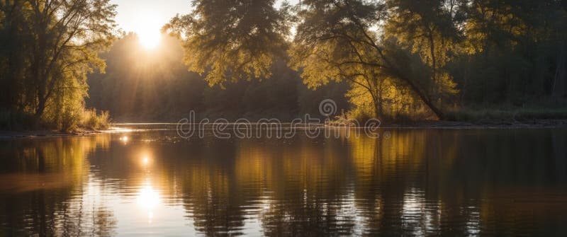 Sun Rays Reflecting Off Calm River Surface. Stock Image - Image of ...