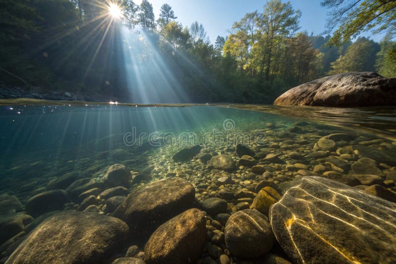 Sun Rays Reflecting on Rocks Under Water Stock Illustration ...