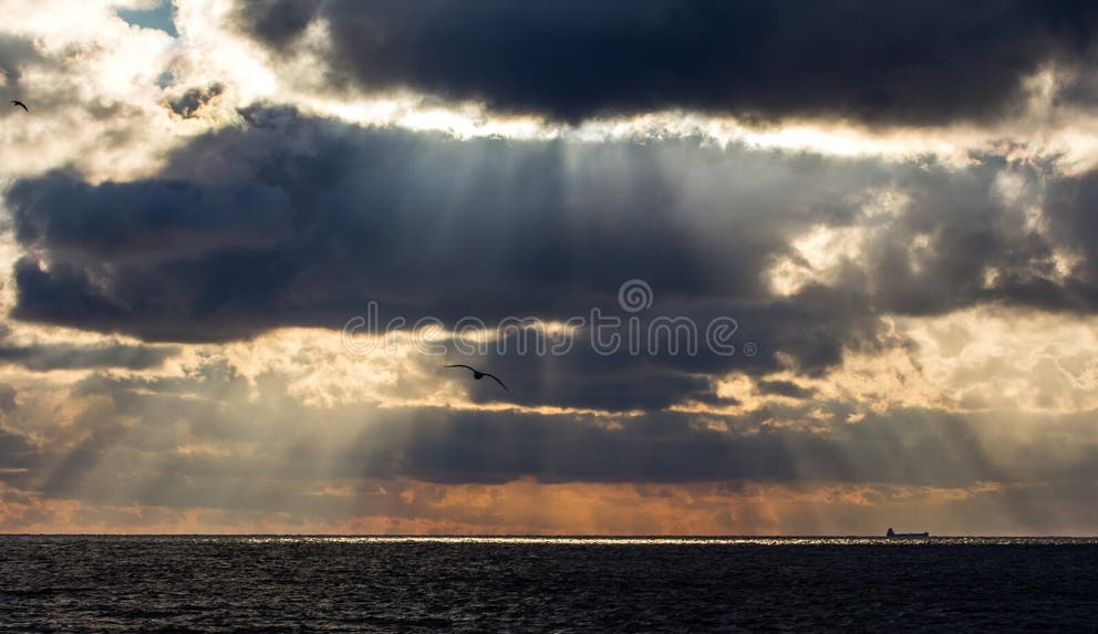 Sun rays on sea. stock photo. Image of sunset, latvia - 90748178