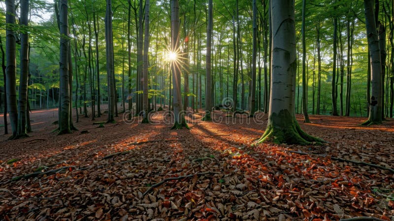 Sun Rays Shine through Trees in a Forest, Casting Long Shadows on the ...