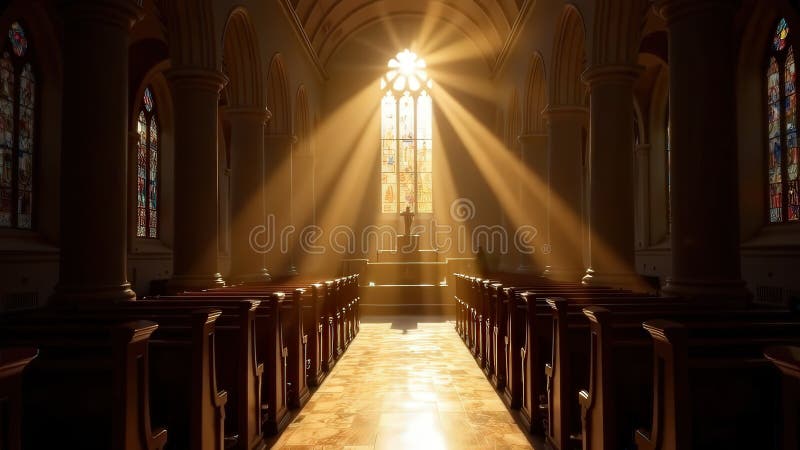 Sun Rays Shine through the Window Inside an Empty Church. Chapel with ...