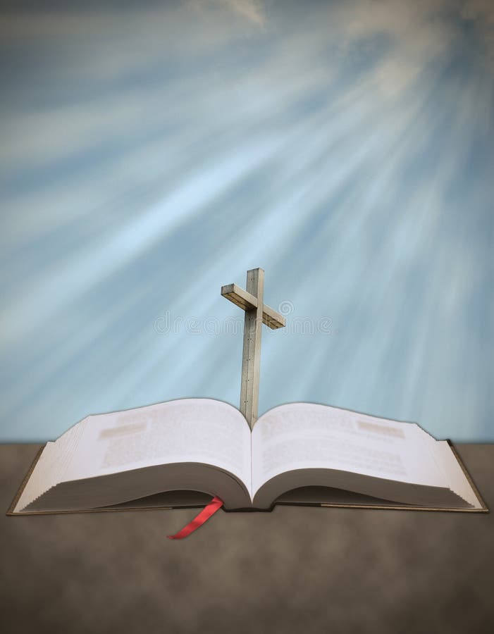 Sun Rays Shining Down on Cross with Bible Stock Photo - Image of ...