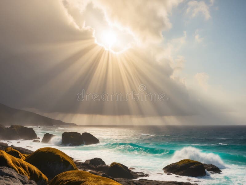 Sun Rays Shining through a Dramatic Cloudscape Over a Beautiful Ocean ...