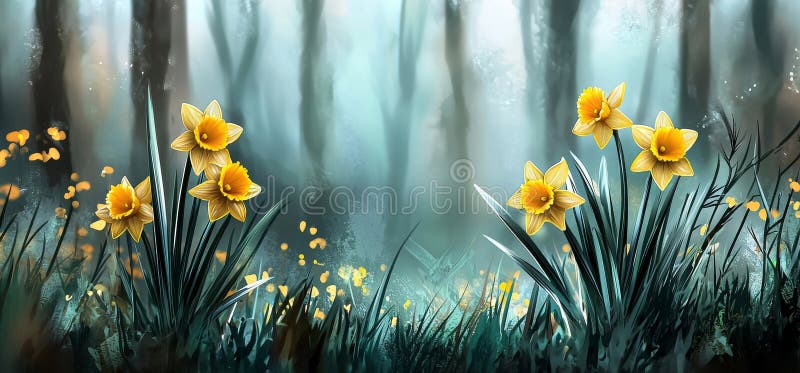 Sun Rays Shining on a Spring Landscape with Yellow Daffodils and Green ...