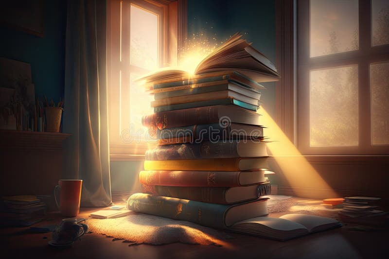 The Sun Rays Shining on a Stack of Books, in Cozy Book Nook Stock ...