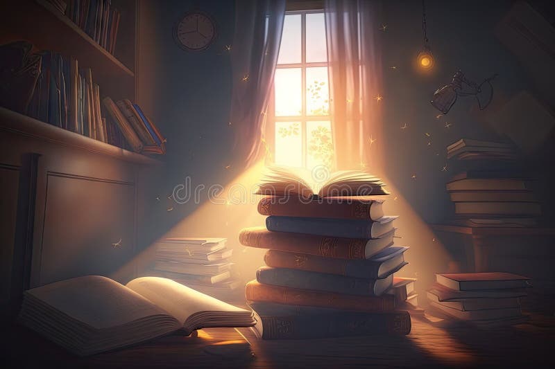 The Sun Rays Shining on a Stack of Books, in Cozy Book Nook Stock ...