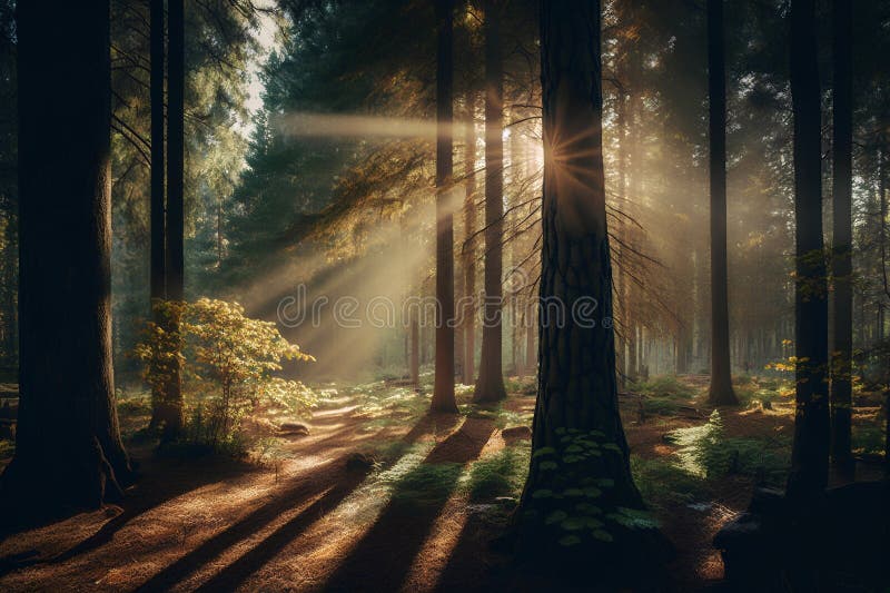 Sun Rays Shining through the Trees in the Forest. Beautiful Autumn ...