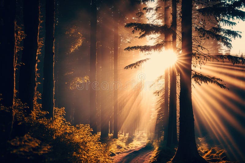 Sun Rays Shining through Trees in Forest. Generative AI Stock ...