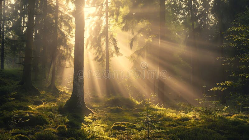 Sun Rays Shining through Trees in a Green Forest, Creating a Magical ...