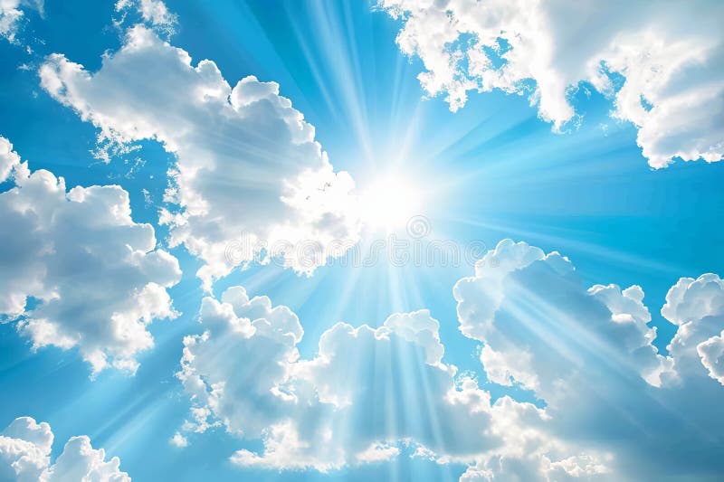Sun Rays Shining through White Fluffy Clouds in Vibrant Blue Sky ...