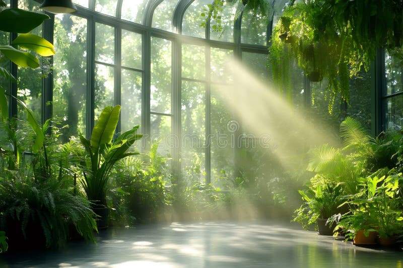 Sun Rays Shining through Window in Greenhouse Illuminating Plants Stock ...