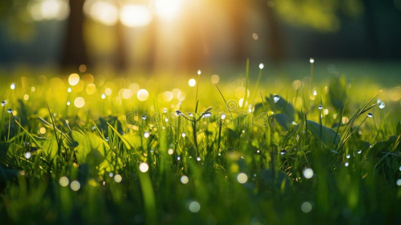 Sun Rays Sparkling on Dewy Morning Grass Stock Illustration ...
