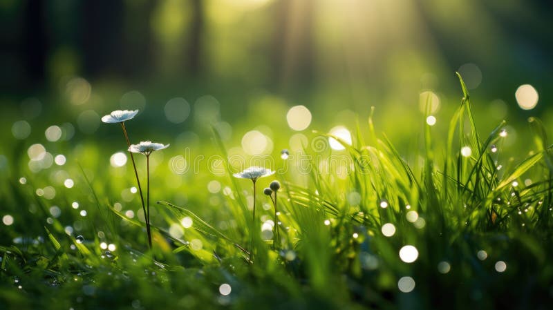 Sun Rays Sparkling on Dewy Morning Grass Stock Illustration ...