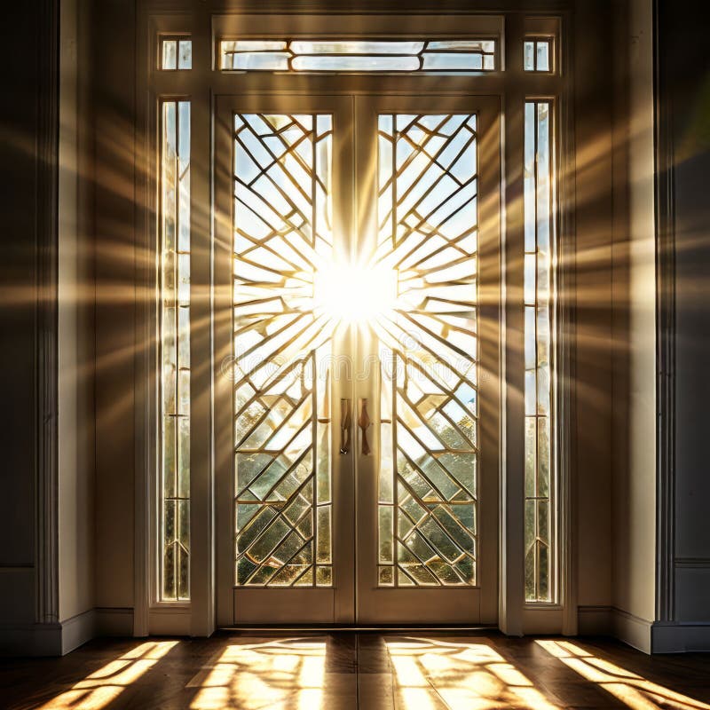 Sun Rays Streaming through a Beveled Glass Door Creating a Geme Stock ...