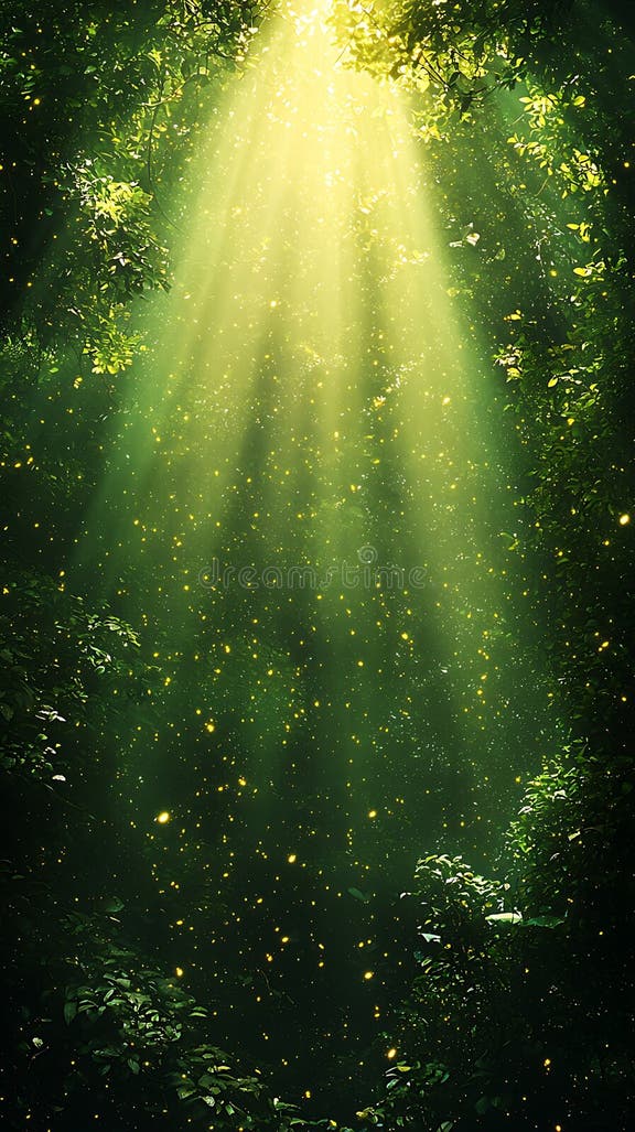 Sun Rays Streaming through a Vibrant Green Forest Canopy Stock ...