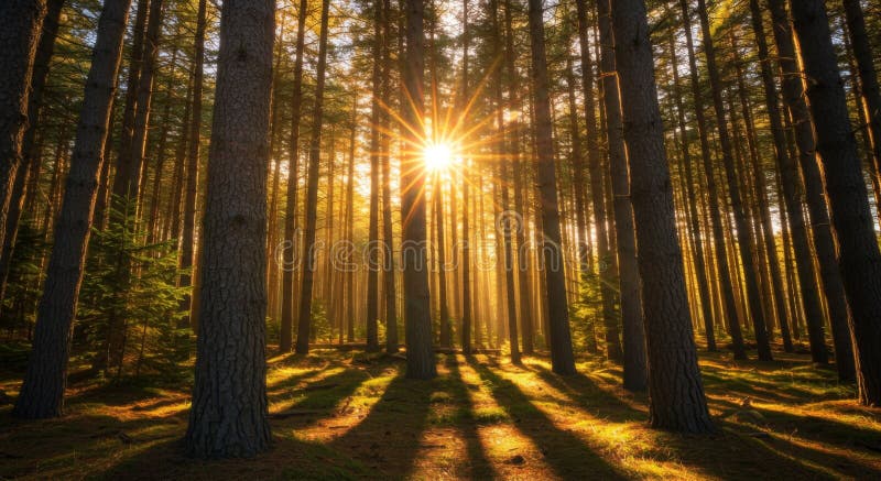 Sun Rays through Tall Pine Trees in Forest Stock Illustration ...