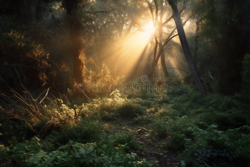Sun Rays through the Trees in a Forest at Sunrise, Nature Background ...
