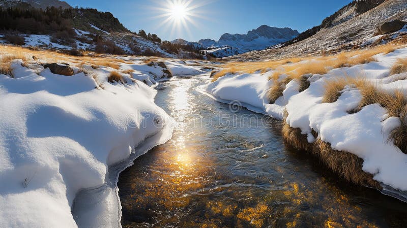 Sun Reflecting on a River Flowing through a Snowy Mountain Valley Stock ...