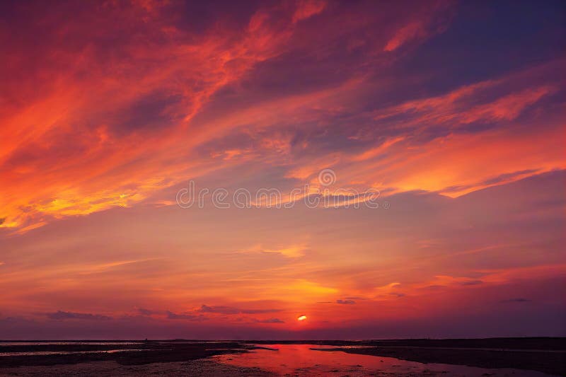 Sun Reflecting in Water Against Backdrop of Dawn Dramatic Sky. Stock ...