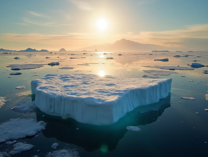 Sun Reflection at Arctic Ocean with Melting Iceberg Aerial. Environment ...