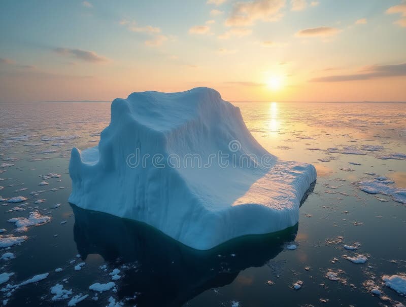 Sun Reflection at Arctic Ocean with Melting Iceberg Aerial. Environment ...