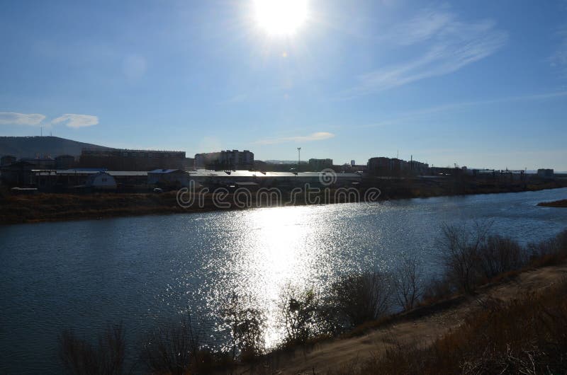 A Sun Reflection on the River Stock Image - Image of environment, bush ...