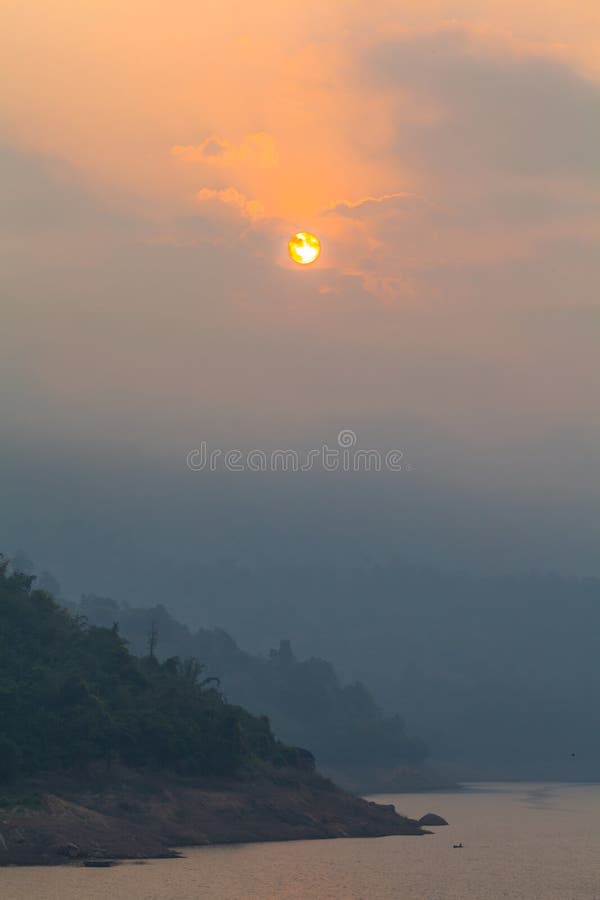 Sun rise above the dam stock photo. Image of tree, glare - 88710988