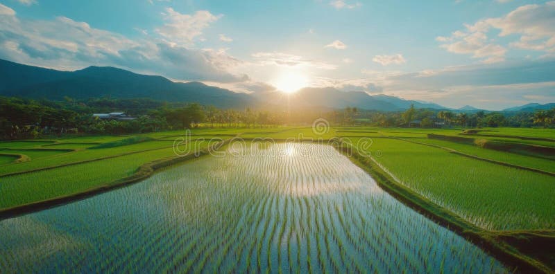 Sun Rise Over the Rice Fields at Golden Hour and Green Terraces View ...