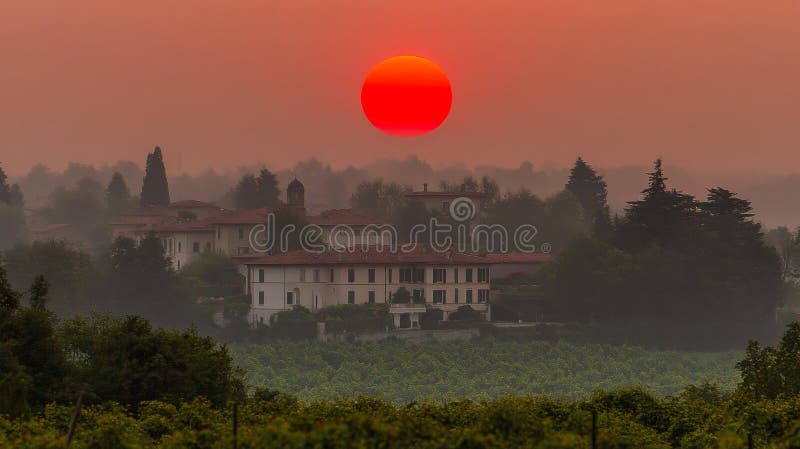The Sun Rises Above an Italian Villa and the Surrounding Rolling Hills ...