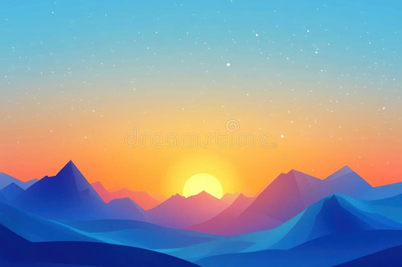 Sun Rises Behind Mountains and Shines, Geometric Landscape with Starry ...