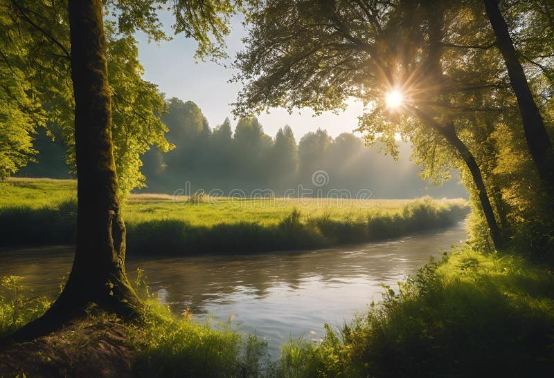 The Sun Rises Behind Trees Over a Stream Running through a Park Stock ...