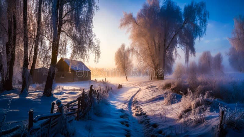 The Sun Rises Over Snowy Field with House in the Distance. Generative ...