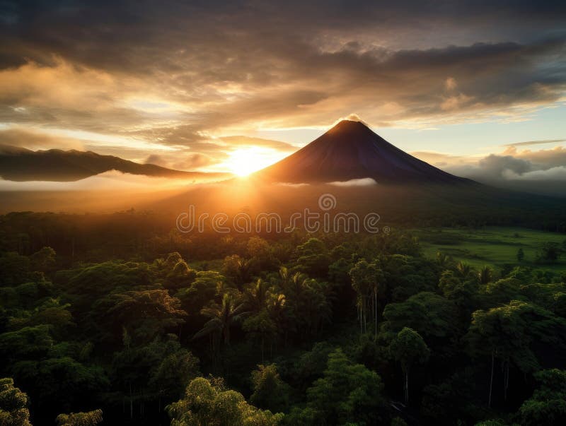 Sun Rises Over a Volcano in the Jungle Stock Illustration ...