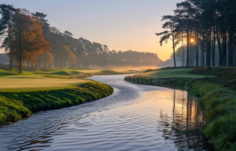 The Sun Rises Over the Water. a Beautiful Golf Course with Morning ...