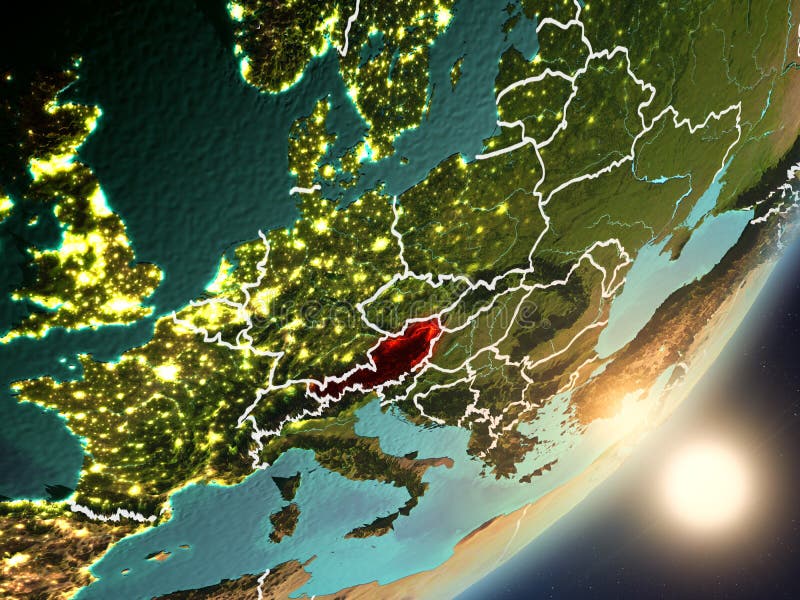 Sun Rising Above Austria from Space Stock Illustration - Illustration ...
