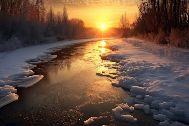 Sun Rising Above a Frozen River Landscape Stock Illustration ...