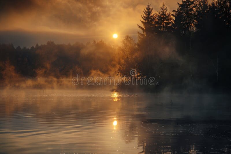 The Sun Rising Above a Tranquil Lake, Illuminating the Fog Lingering ...