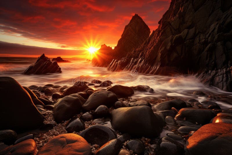 The Sun Rising Behind a Cluster of Coastal Rocks Stock Illustration ...
