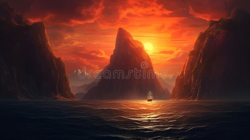 Sun Rising Behind Mountain Above the Ocean. Generative AI Stock ...