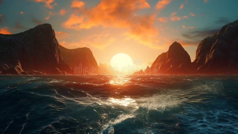 Sun Rising Behind Mountain Above the Ocean. Generative AI Stock Photo ...