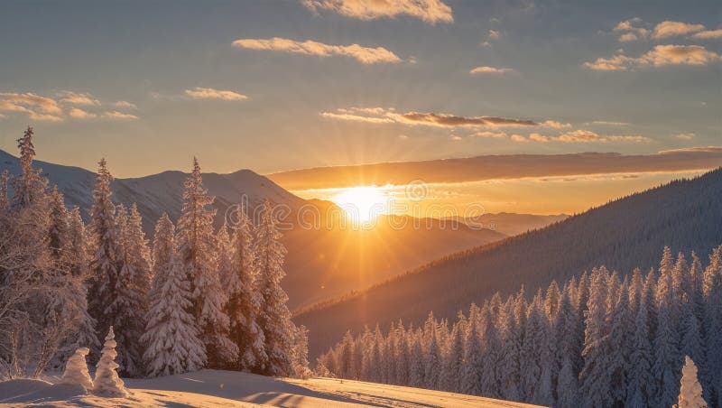 Sun Rising Behind Mountain Ridge Casting Golden Light Over Snowy Forest ...