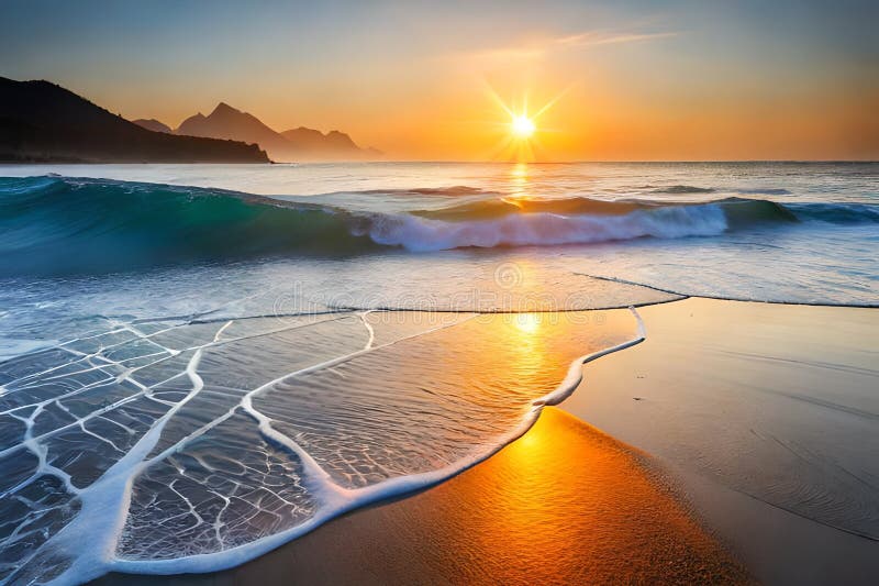 Sun Rising Behind the Ocean Stock Illustration - Illustration of ...