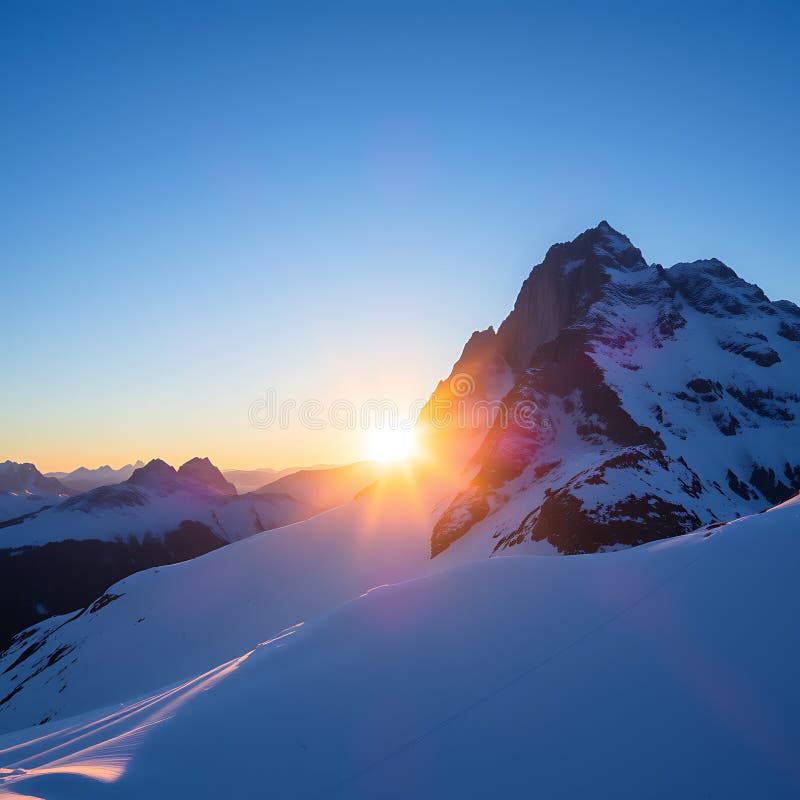 Sun Rising Behind Snow-Capped Peaks Stock Illustration - Illustration ...