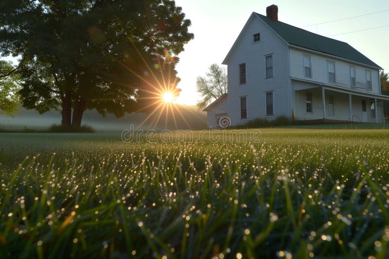 Sun Rising Behind a White Farmhouse, Dew on Grass Stock Image - Image ...