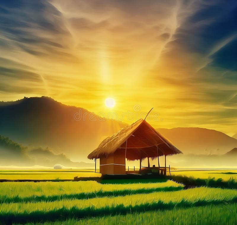 The Sun is Rising in a Field with Mountains Behind it Stock ...