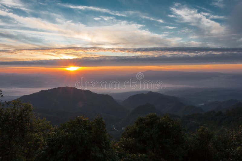 The Sun is Rising in the High Mountains Winter Morning Stock Photo ...