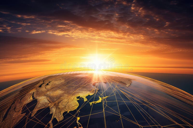 Sun Rising Over the Globe, with Golden Rays Highlighting the Map Lines ...
