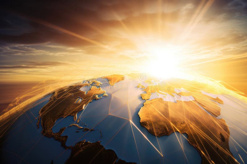 Sun Rising Over the Globe, with Golden Rays Highlighting the Map Lines ...